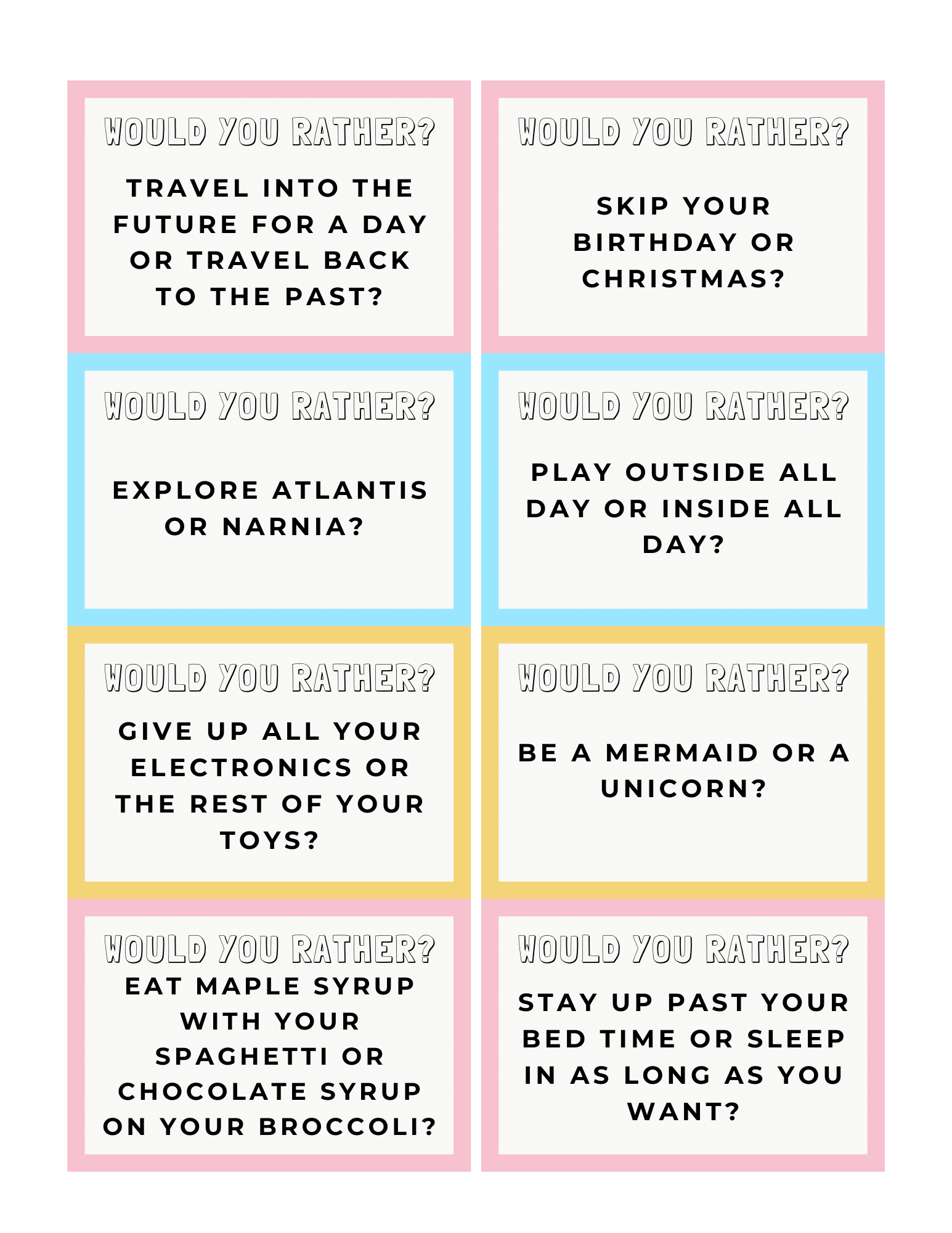 Would You Rather Family Game Night Questions (Free Printable)