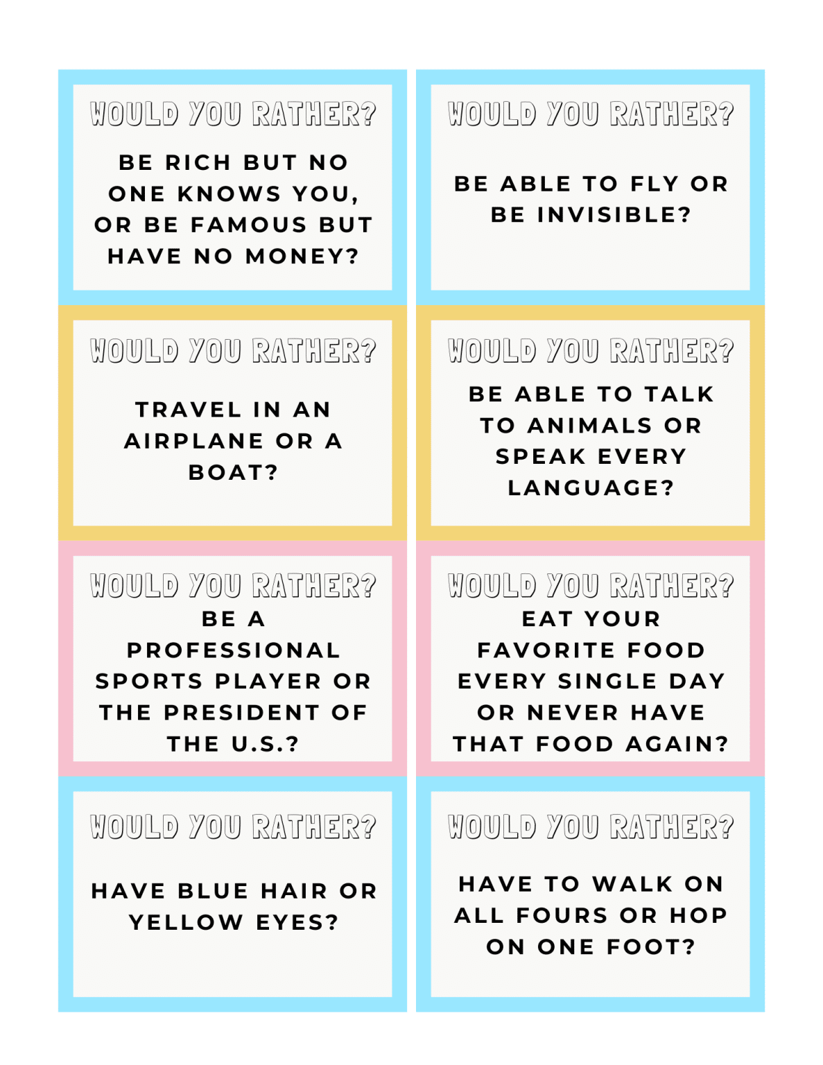 Would You Rather Family Game Night Questions (Free Printable)