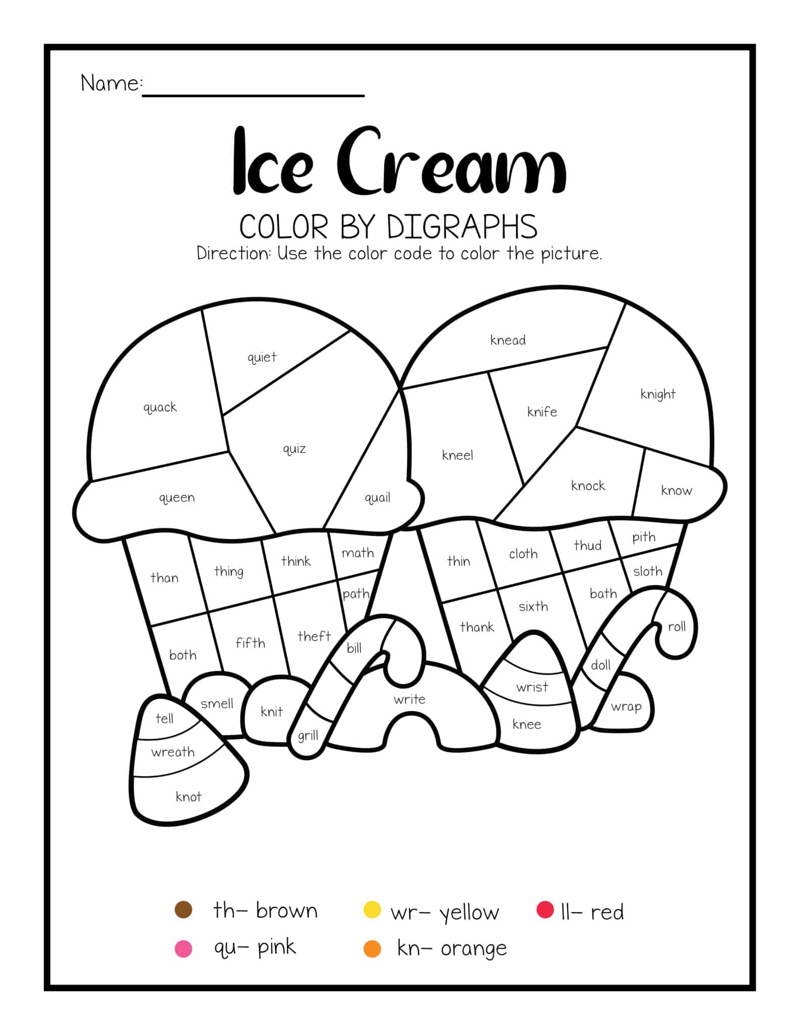 Ice Cream Color by Digraphs (Free Coloring Pages)