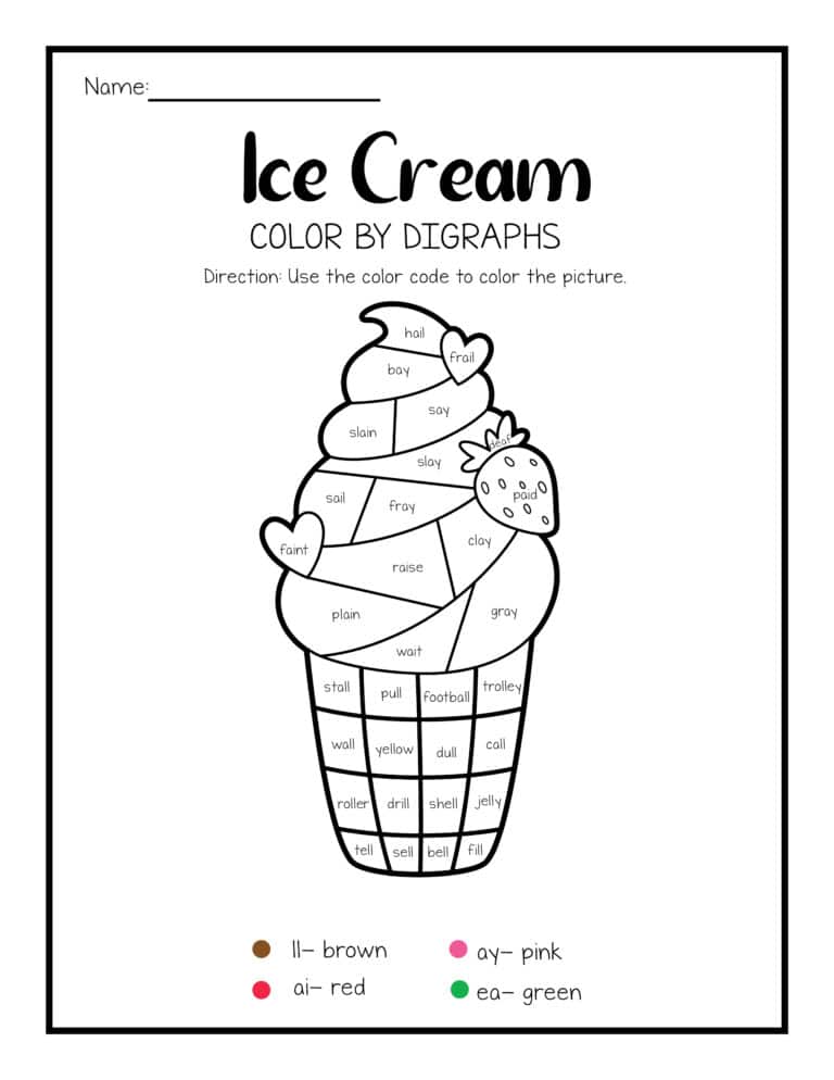 Ice Cream Color by Digraphs (Free Coloring Pages)