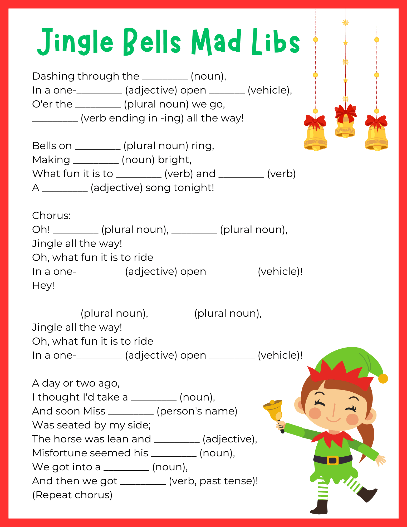Christmas Songs Mad Libs Printables