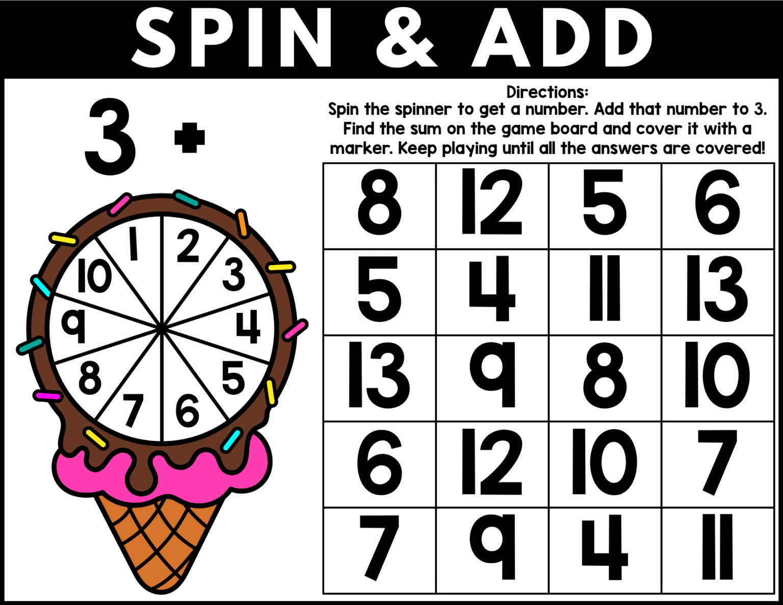 Learn to Add Ice Cream Printable Game