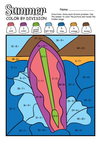 Summer Color By Division Worksheets (Free To Print)