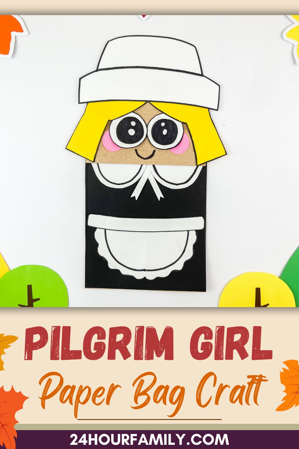 Easy Pilgrim Girl Paper Bag Craft for Kids (Free Printable Template)